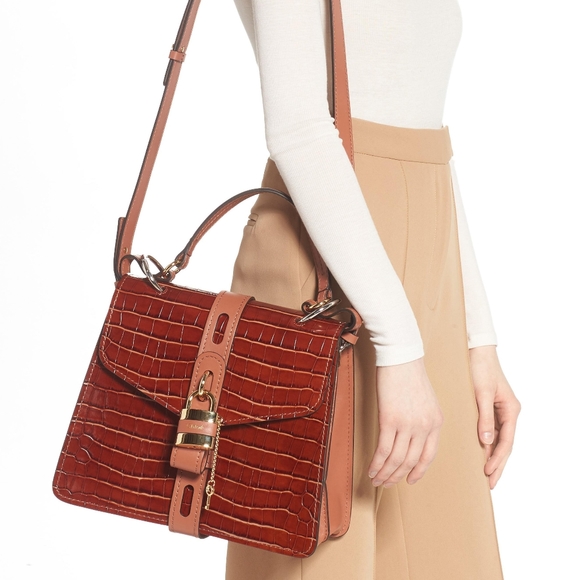 Chloe | Bags | Chloe Aby Medium Lock Satchel Bag Croc Cognac In ...